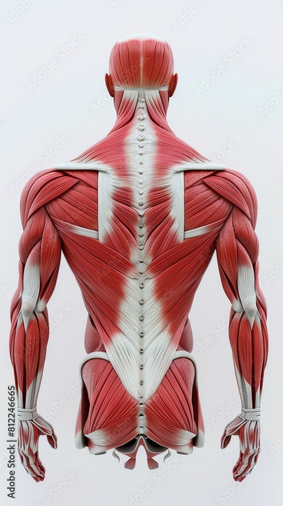 3D realistic illustration of the back muscular system on a white ...