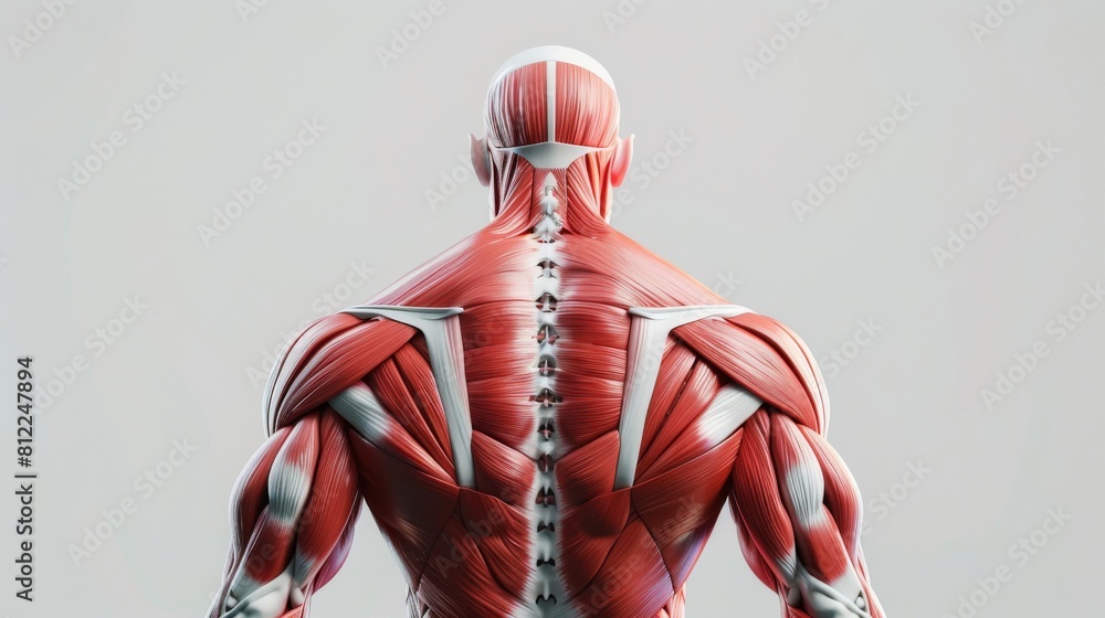 3D realistic illustration of the back muscular system on a white ...