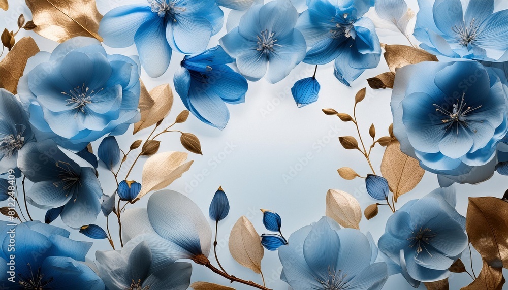 floral frame with blue flying petals overlay isolated on transparent ...