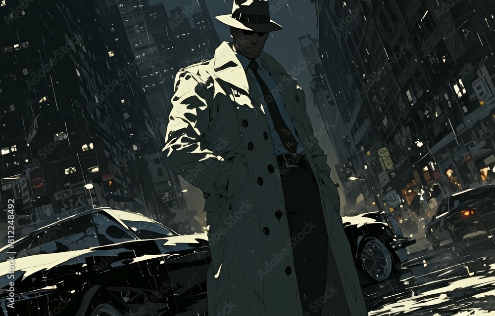 Comic book illustration of a hardboiled detective in a trench coat and ...