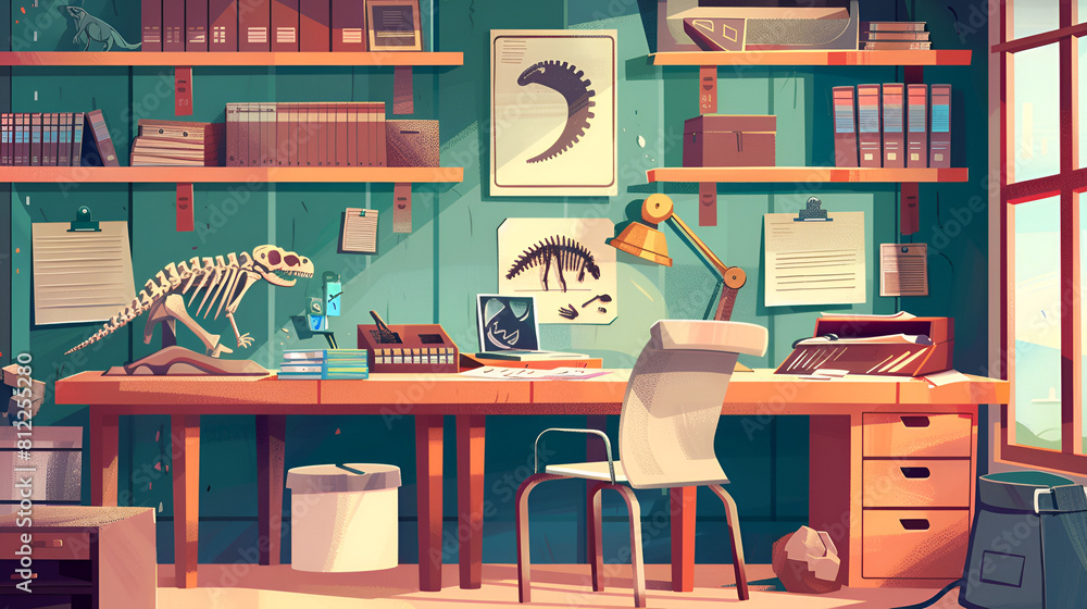 Archeology lab interior with fossils. Vector cartoon illustration of ...