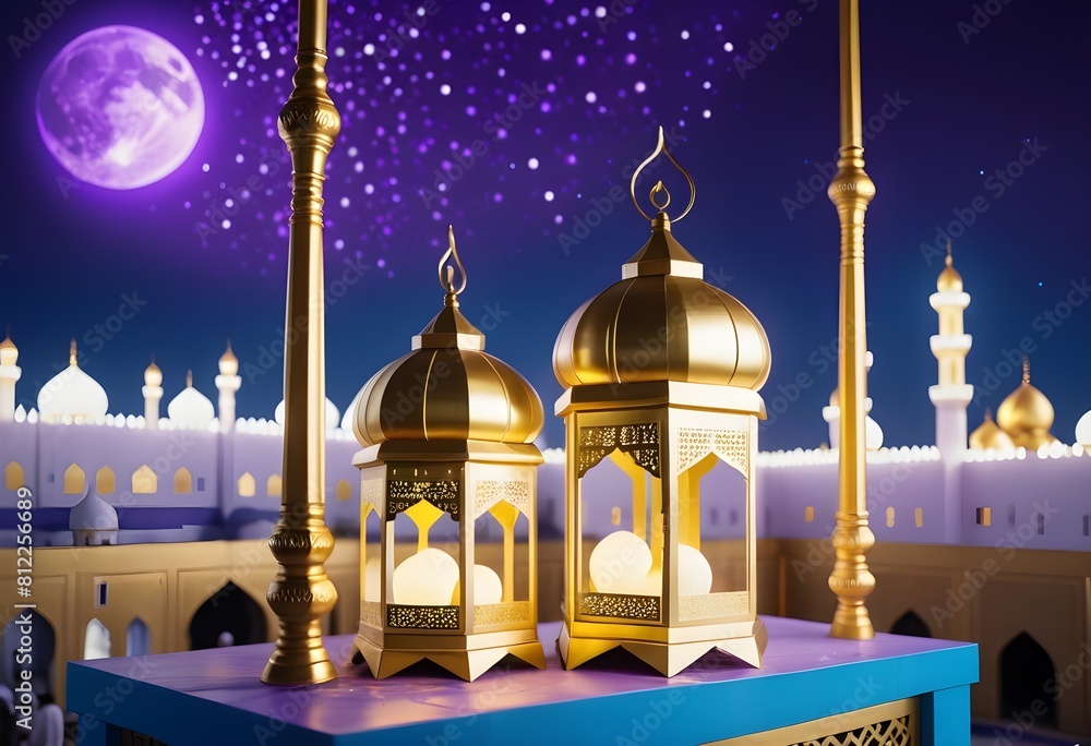 Eid mubarak theme with islamic lantern lights of matellic colours along ...