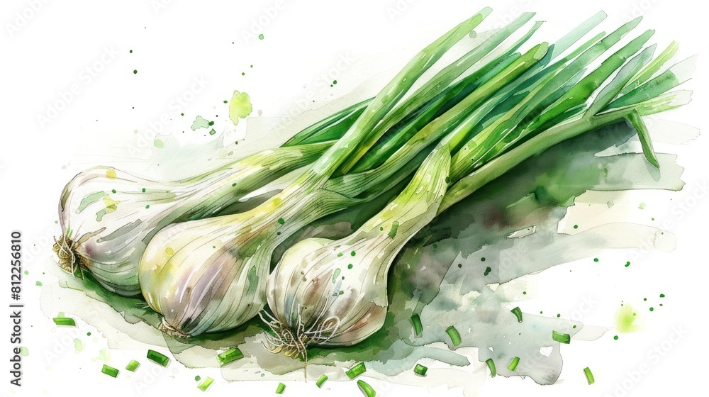 Watercolor Style of Thai Vietnamese Garlic Chives on White Background ...