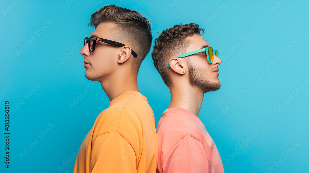 Side view young happy couple two gay men wearing casual clothes ...