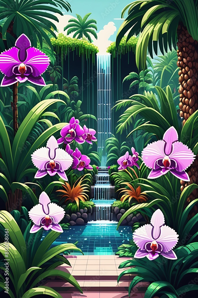 A vibrant pixel art depiction of a tropical garden with blooming ...