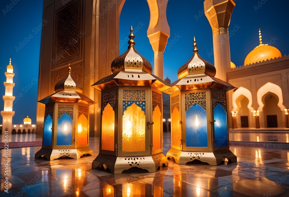 Eid mubarak theme with islamic lantern lights of matellic colours along ...