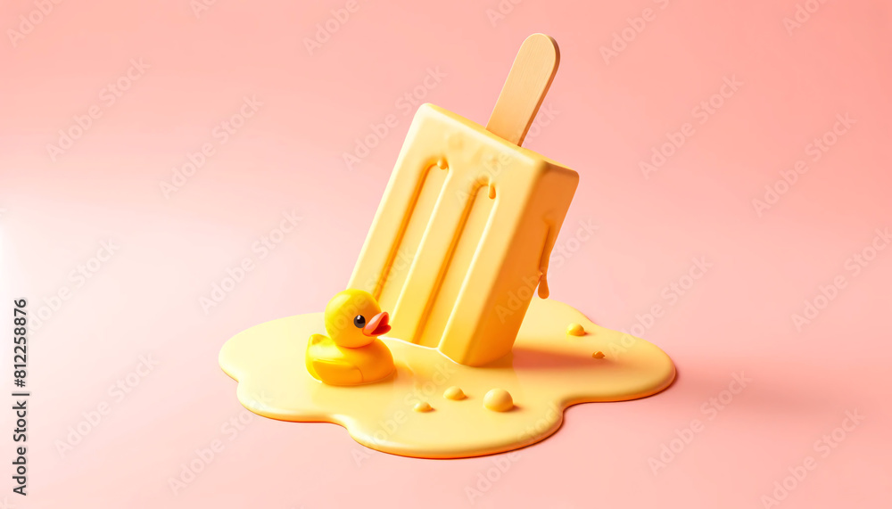 3D illustration of a yellow popsicle melting into a puddle, featuring a ...