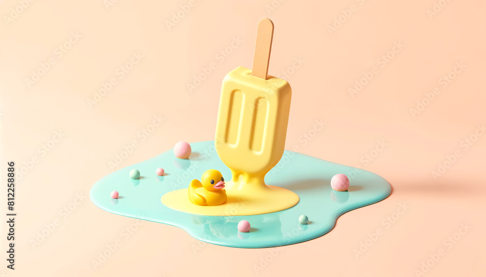 3D illustration of a yellow popsicle melting into a puddle, featuring a ...