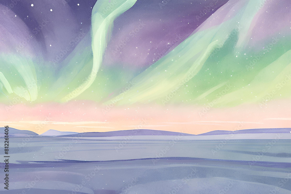 Watercolor northern lights illuminating the vast expanse of the Arctic ...