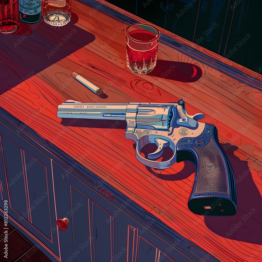 Vintage Tarot Card Design A Silver Revolver on a Wooden Bar Counter in ...