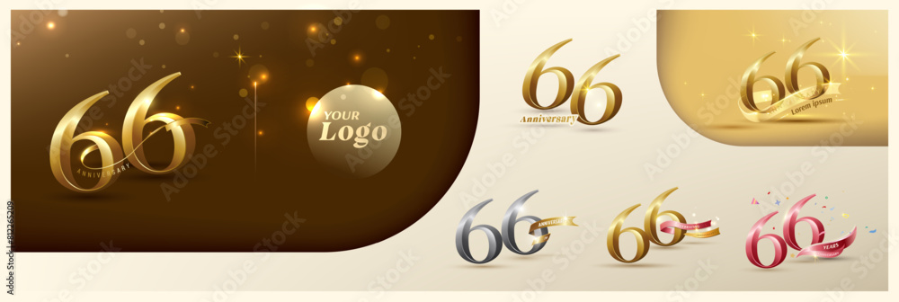 66th anniversary logotype modern gold number with shiny ribbon ...