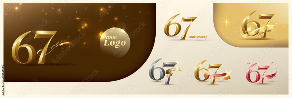 67th anniversary logotype modern gold number with shiny ribbon ...
