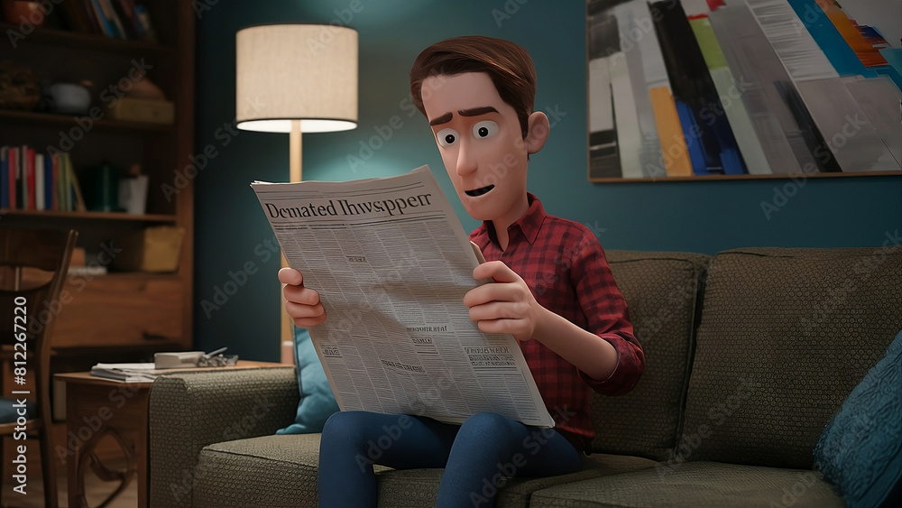 An animated character is reading the newspaper on the couch in his ...