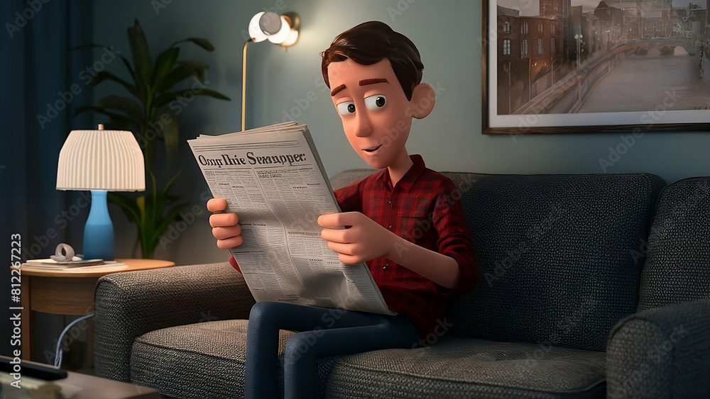 An animated character is reading the newspaper on the couch in his ...
