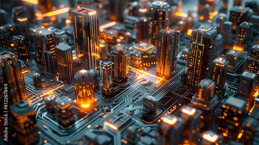 An intricate 3D model of a microchip city, representing an advanced ...