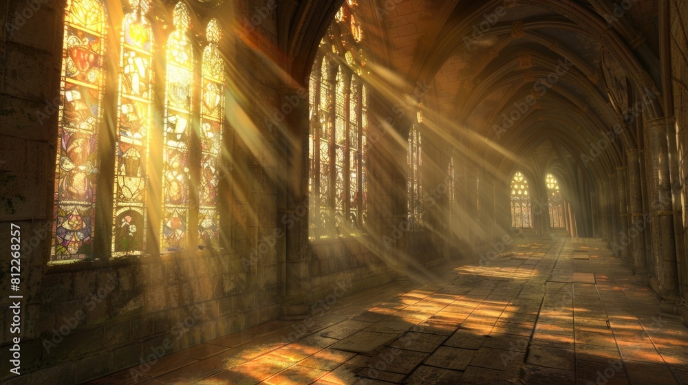 Inside the ancient castle, where beams of light from windows caress the ...