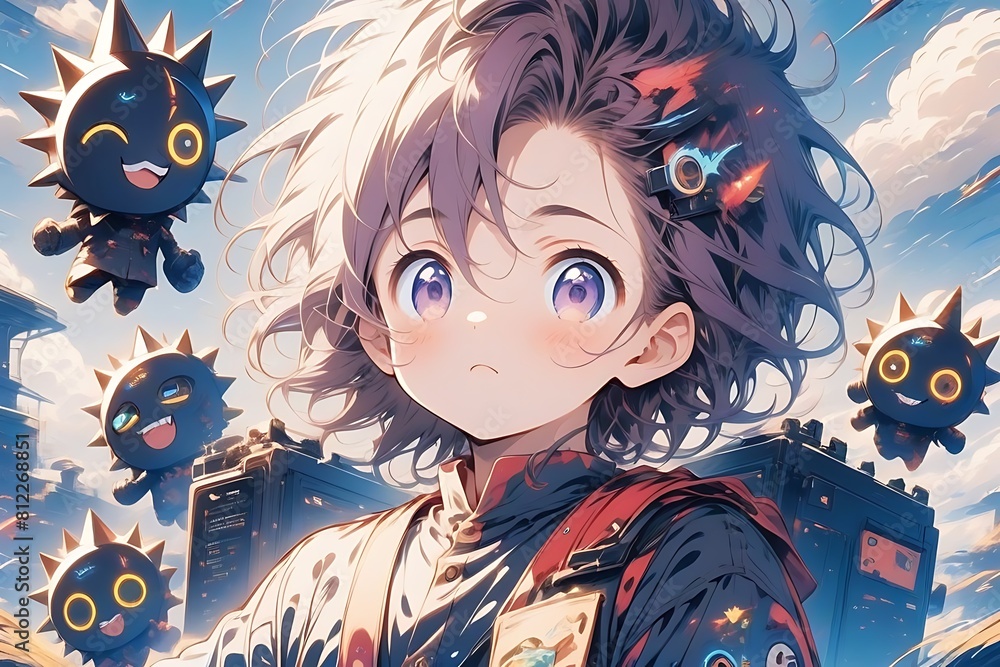 An energetic anime boy with spiky red hair and code for eyes jumps ...