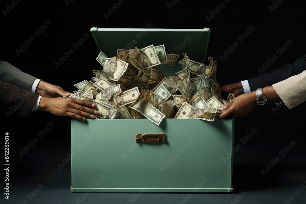 Excited group gathers around money-filled box, Cash spilling out of ...