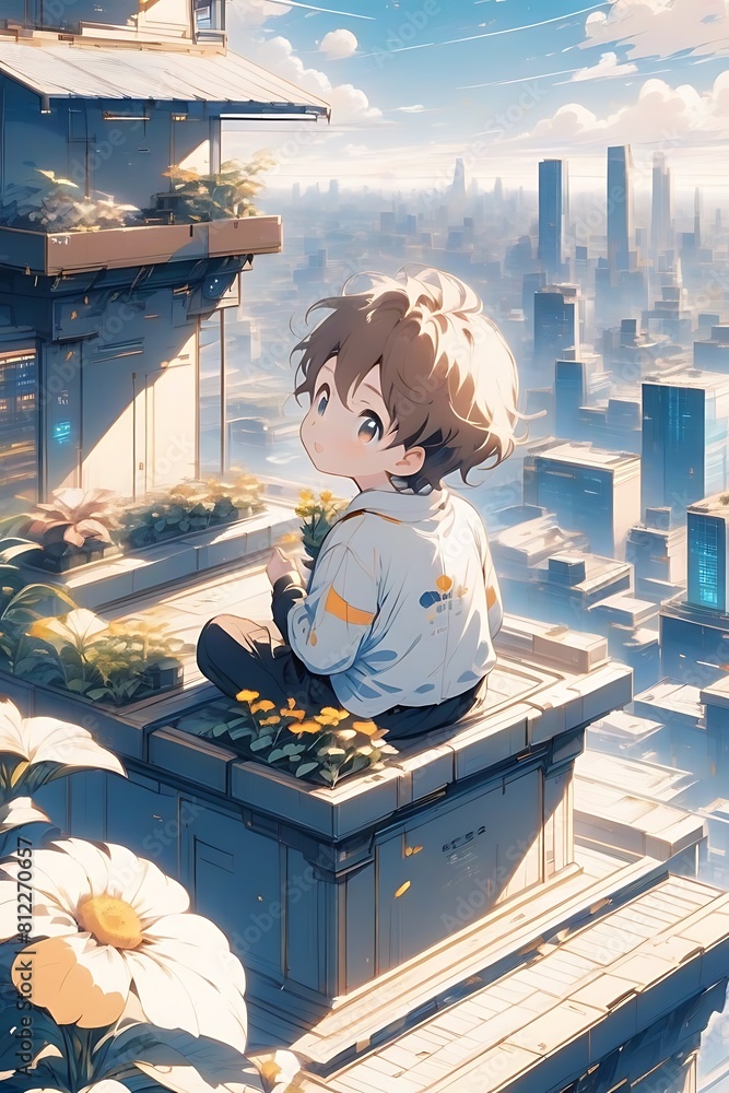 A gentle anime boy with brown hair and code for eyes carefully waters ...