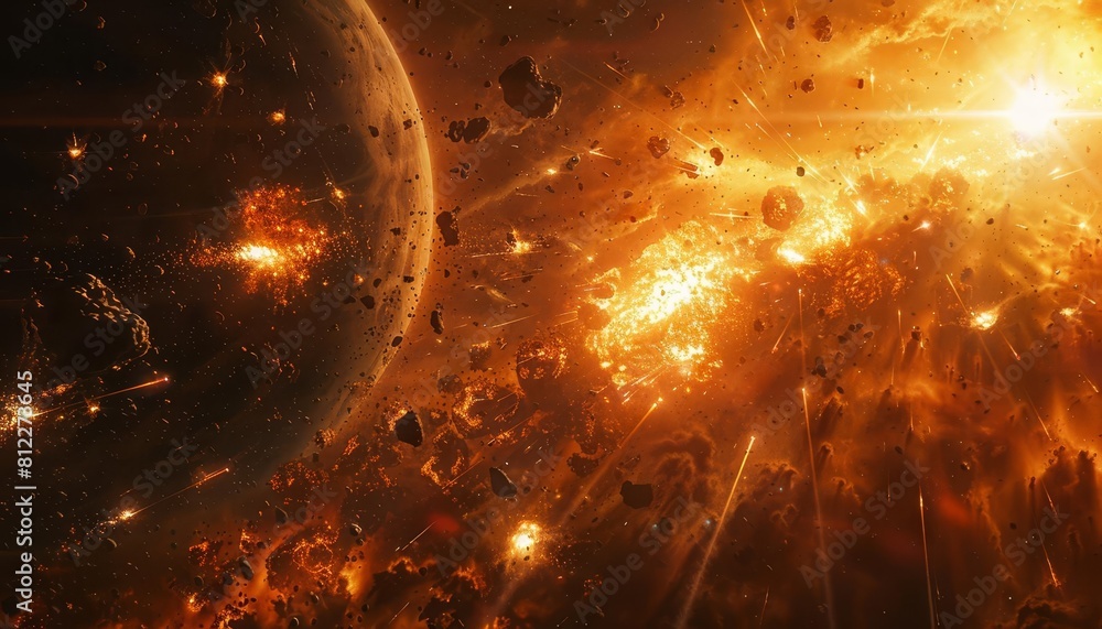 Conceptualize a grand space opera battle scene with lasers and ...