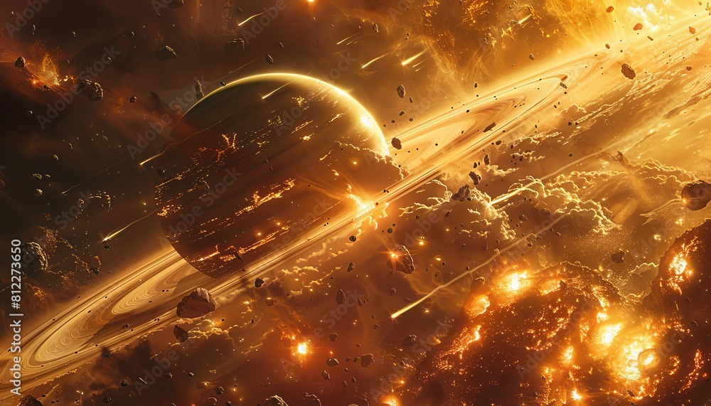 Conceptualize a grand space opera battle scene with lasers and ...