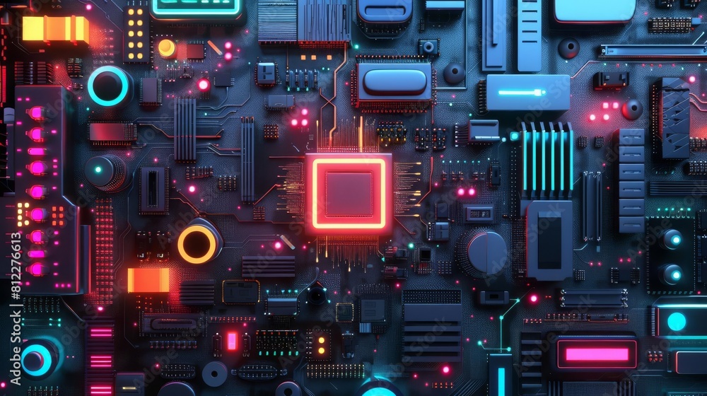 Define flat design top view quantum computing research theme 3D render Splitcomplementary color ...