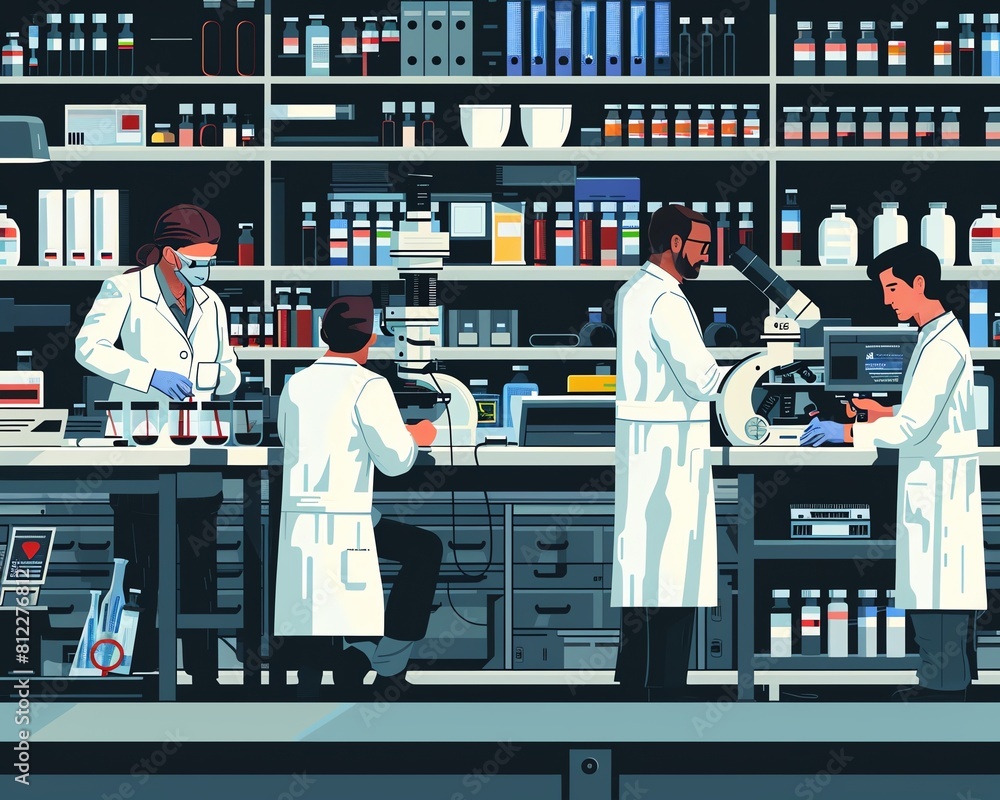 Flat vector of a forensic chemistry lab, with detectives and scientists ...