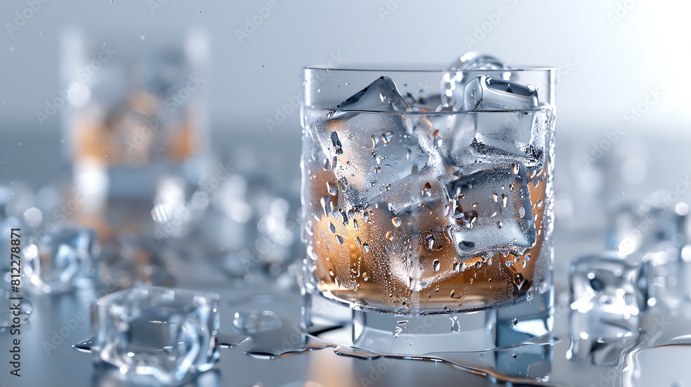 Photorealistic render of vodka chilling with ice cubes, focusing on the ...