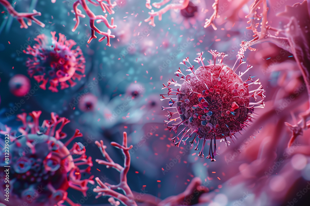 Against a sterile laboratory backdrop, a detailed microscope image ...