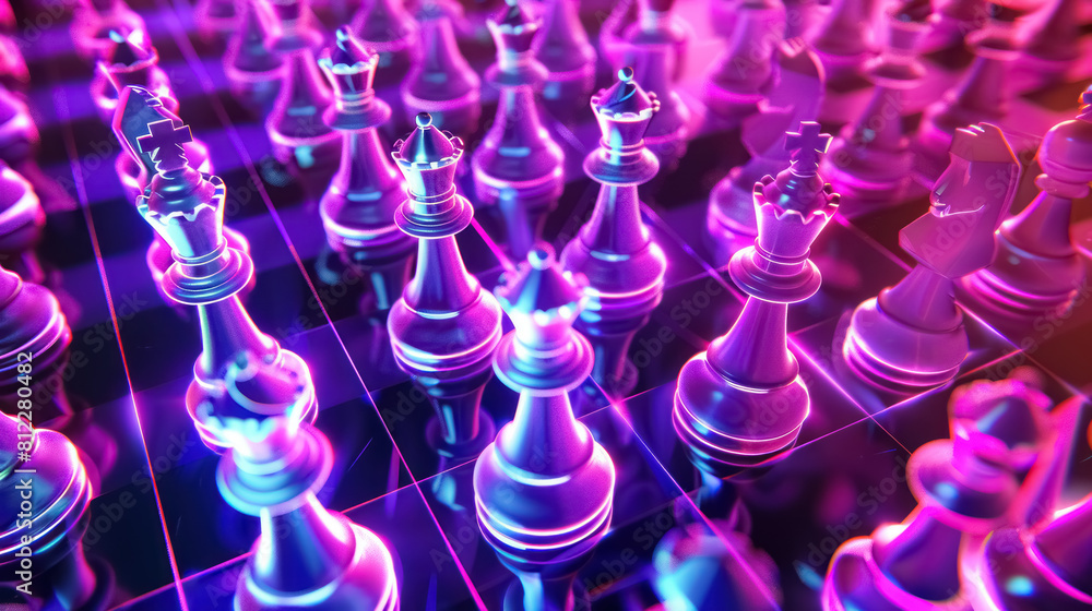 Neon Chess Pieces on a Grid Board for Strategic Game Concepts Stock ...