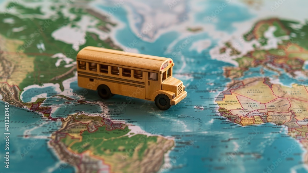 Toy school bus on world map, metaphor for global education Stock ...