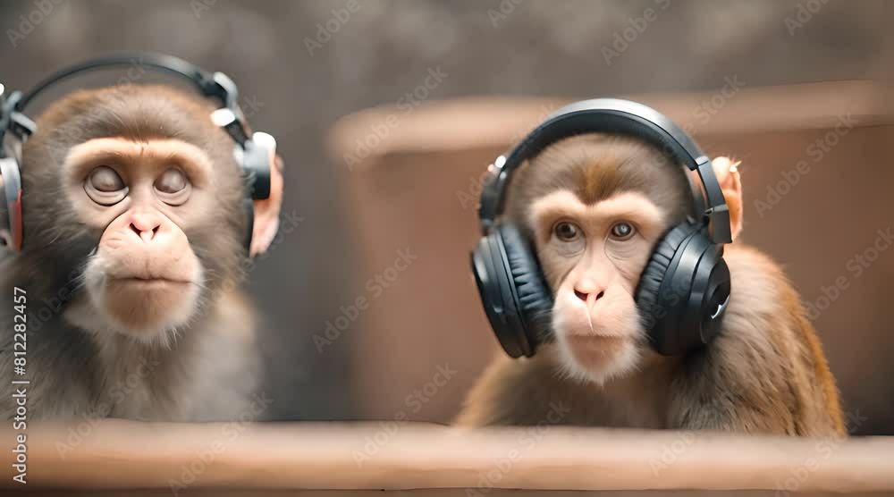 Two young monkeys wearing black headphones, one facing forward with a ...