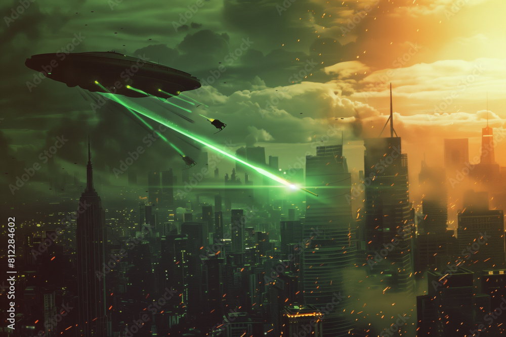 Alien UFO attacking a city with laser shots, showcasing a dramatic ...