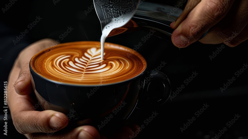 Exhibit a barista pouring a perfect latte art, the creamy swirls stark ...