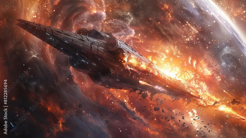 Exhibit a dramatic scene of a starship escaping the gravitational pull ...