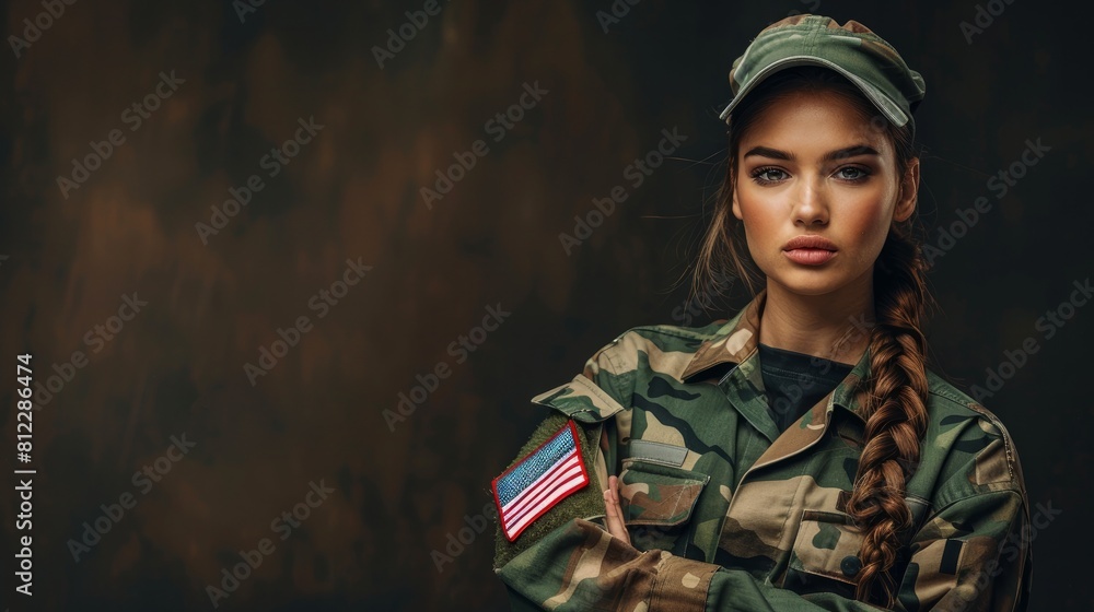 Fearless young servicewoman in a camouflage military outfit with the US ...