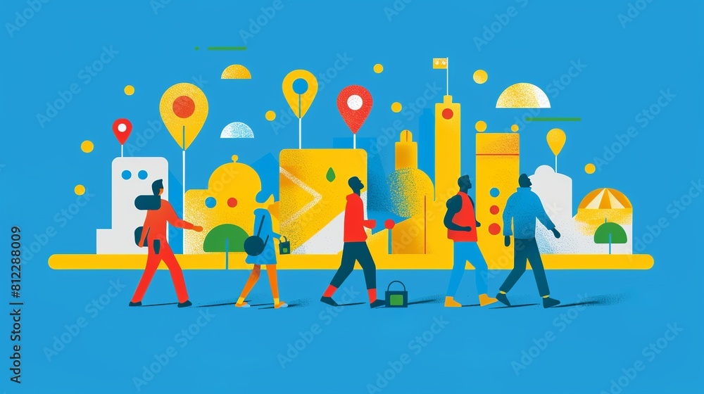 logo of a flat digital map in primary colors with feeling of meeting ...
