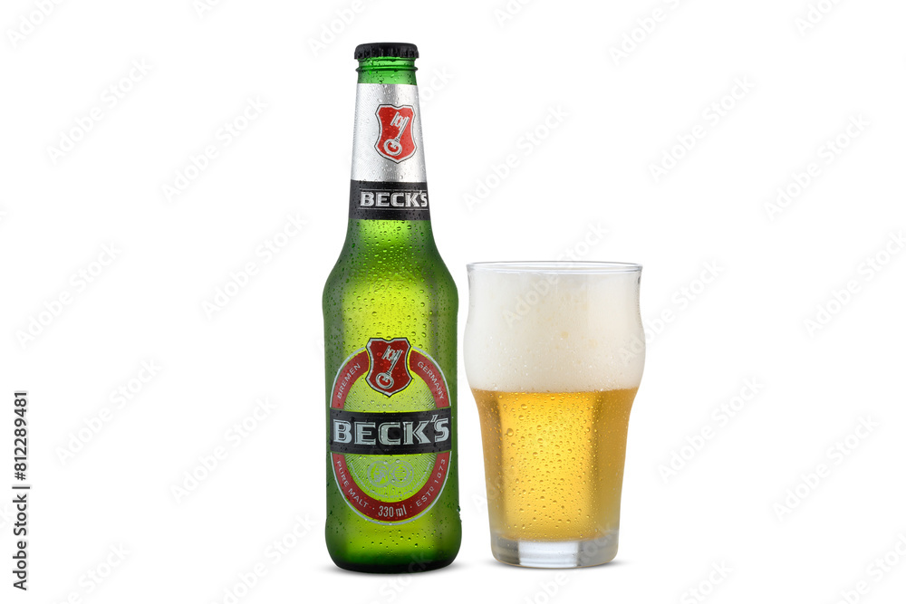 SÃO PAULO-BRAZIL, April 11, 2024 BECK`S beer Bottle and glass, cold ...