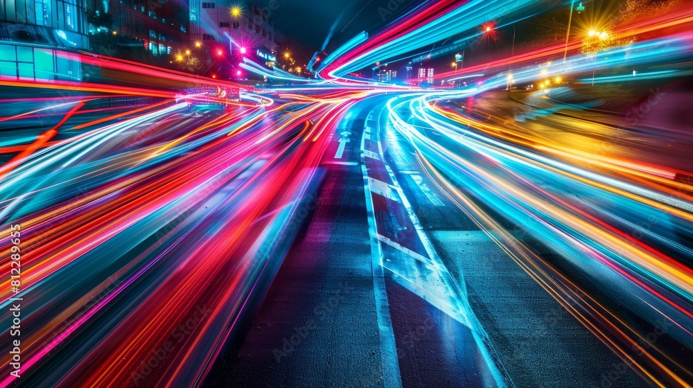 Vehicle headlight streaks creating a motion blur effect on a ...