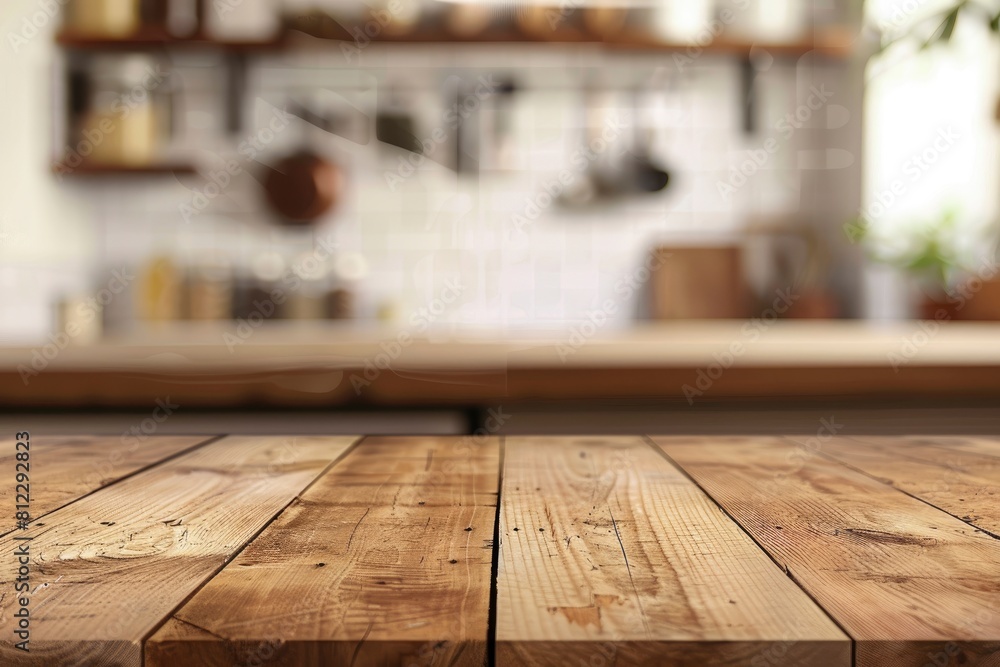 Wood table top on blur kitchen room background .For montage product ...