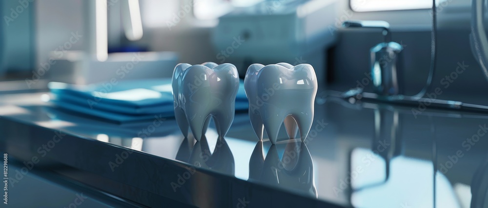 3D tooth model alongside various dental tools on a sterilized clinic ...