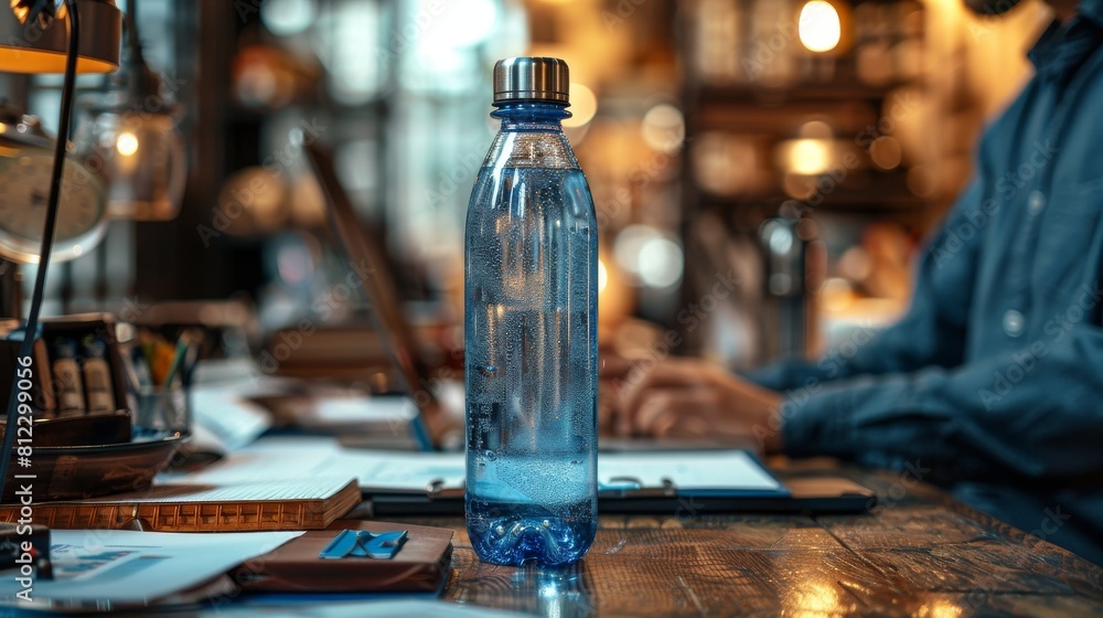 An office desk with a water bottle on top of it, showing the importance ...