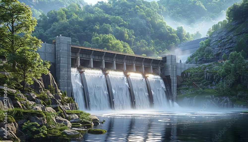 Illustrate a digital twin of a large dam, monitoring water levels ...