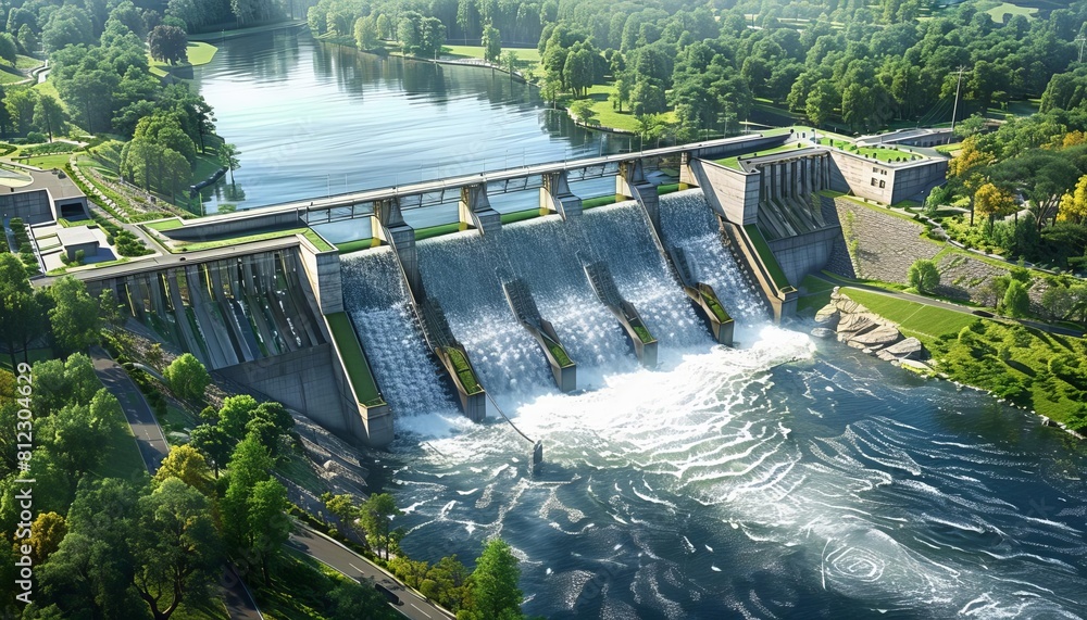 Illustrate a digital twin of a large dam, monitoring water levels ...