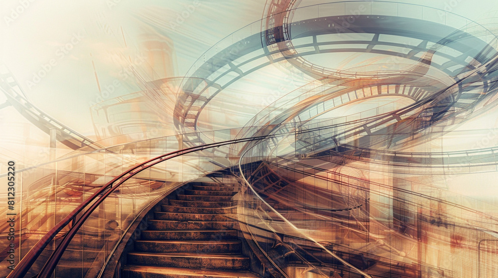 "Innovative double exposure depicting a curved staircase along with the ...