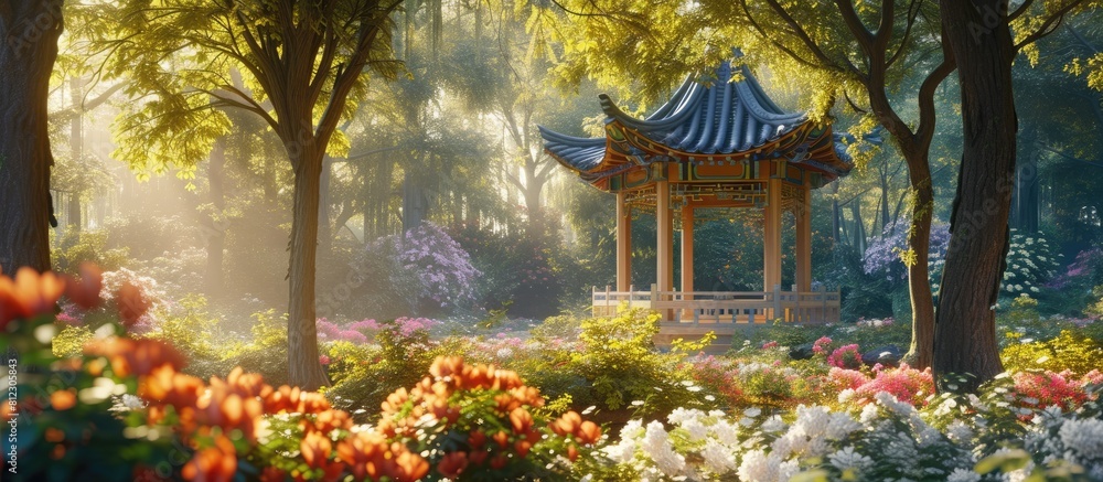 Majestic flower garden features traditional pavilion in kingdom-like ...