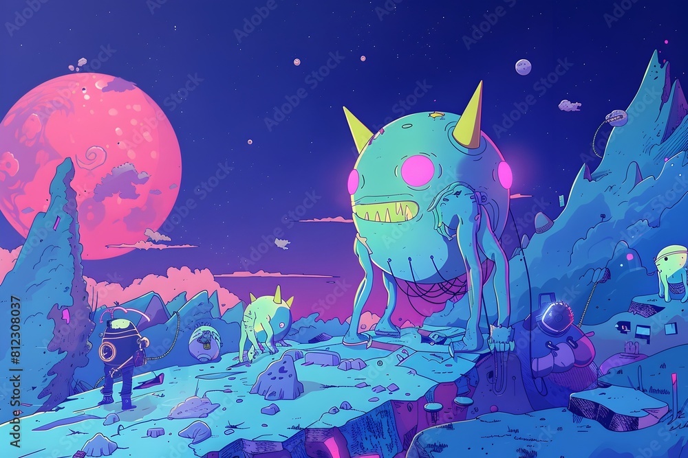 Surreal Nightscape with Quirky Cartoon Characters Navigating Mysterious ...