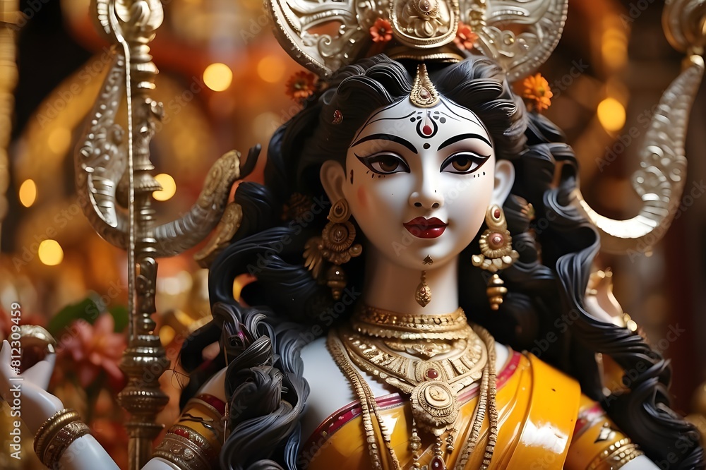 Goddess Durga with traditional look in close up view at a South Kolkata ...