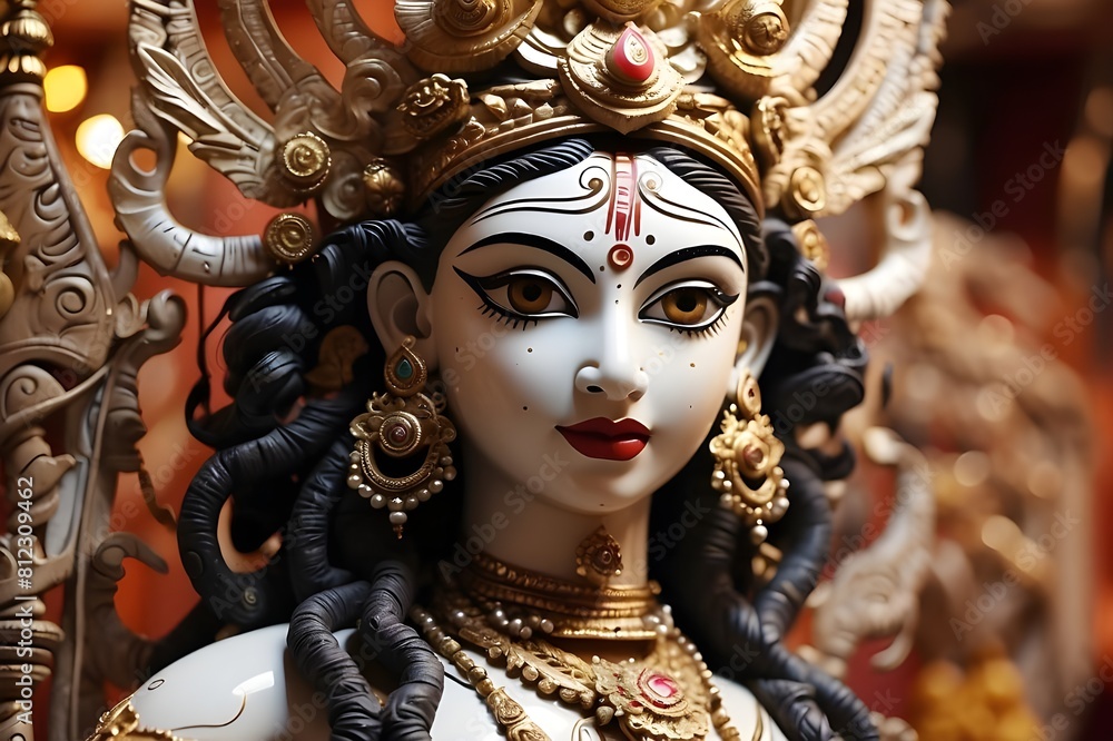 Goddess Durga with traditional look in close up view at a South Kolkata ...