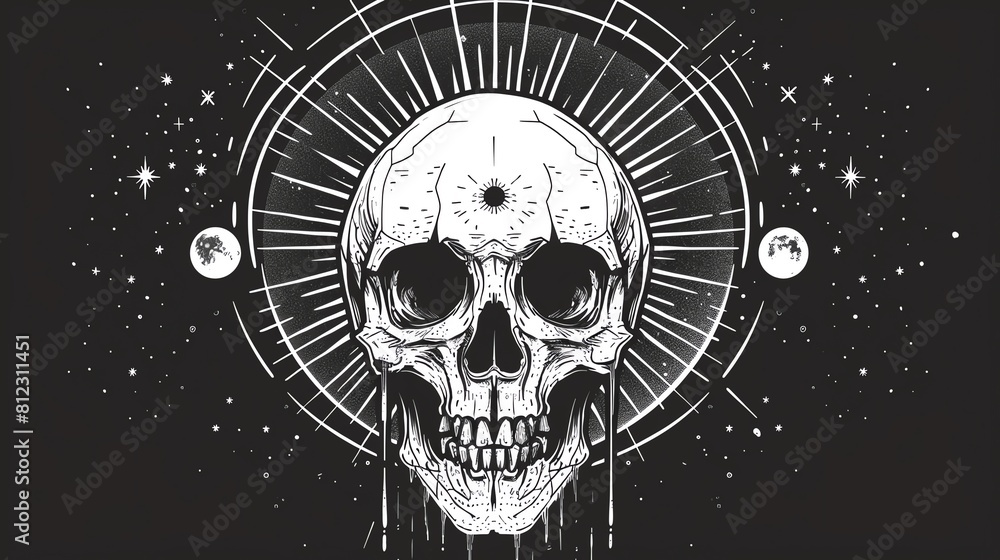 Ilustração do Stock: A dark and mysterious skull, surrounded by stars ...
